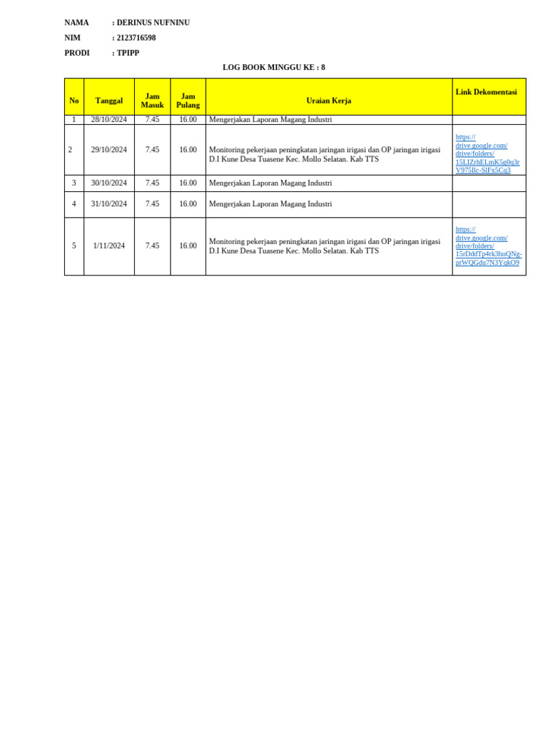 Log Book Magang Derinus Nufninu Week 8 | PDF