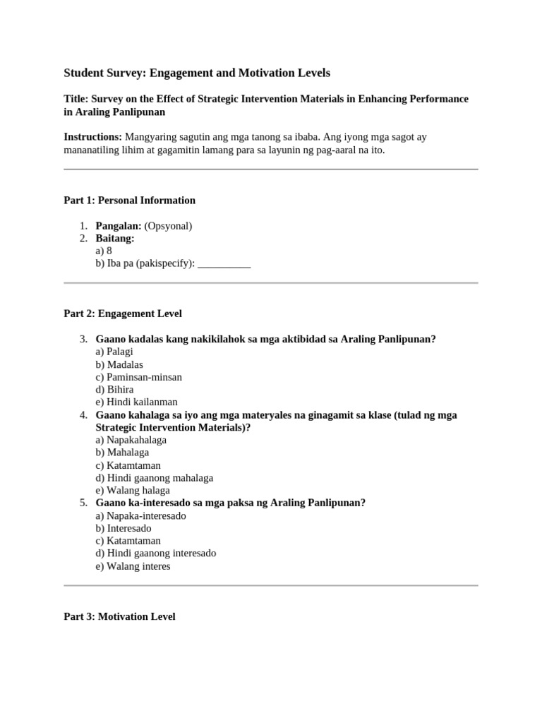 Student Survey Grade 8 2023 2024 SIM | PDF