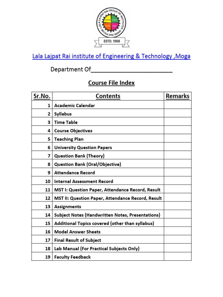 Course File Index for Engineering Programs | PDF