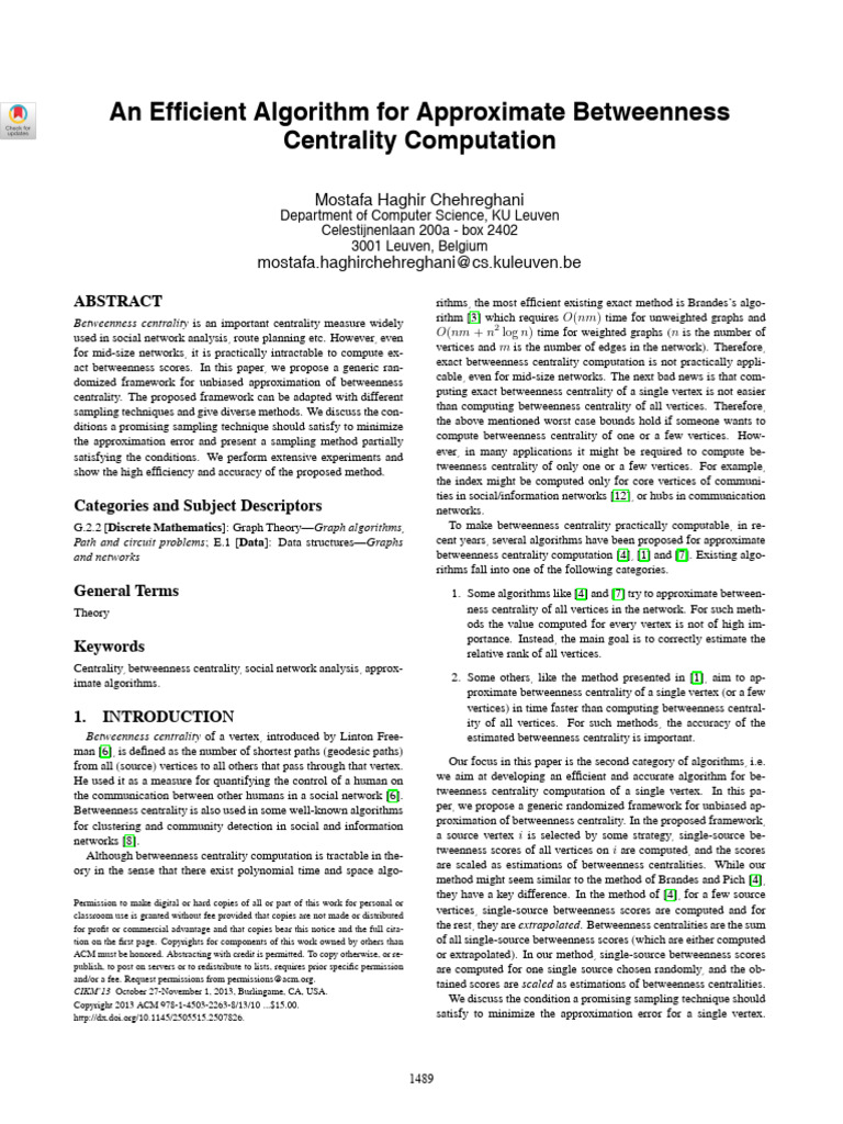 An Efficient Algorithm For Approximate Betweenness Centrality Computation | PDF | Vertex (Graph ...
