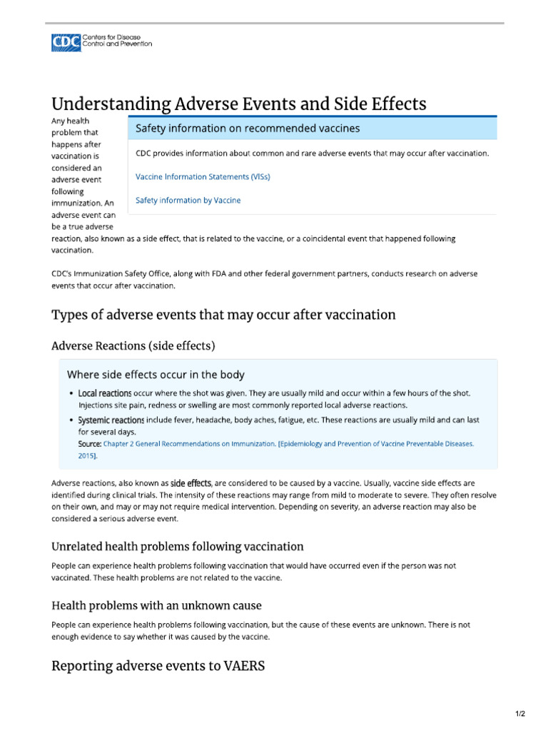 Understanding Adverse Events and Side Effects CDC | PDF