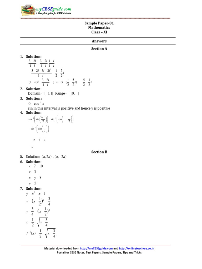 2017 11 Sample Paper Mathematics 01 Ans Ytwooaj | PDF | Mathematical Analysis | Statistical Theory