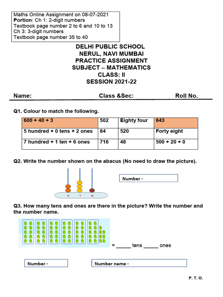 Class 2 Maths Practice Assignment-1 | PDF