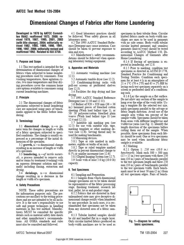 AATCC 135-2004 (2007) Dimensional Changes of Fabrics After Home ...