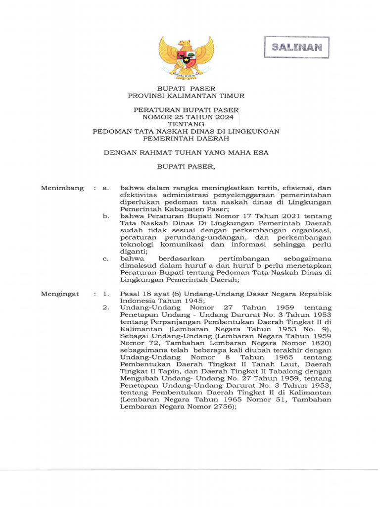Perbup Nomor 25 Tahun 2024 Tentang Pedoman Tata Naskah Dinas Di Lingkungan Pemerintah Daerah 2 ...