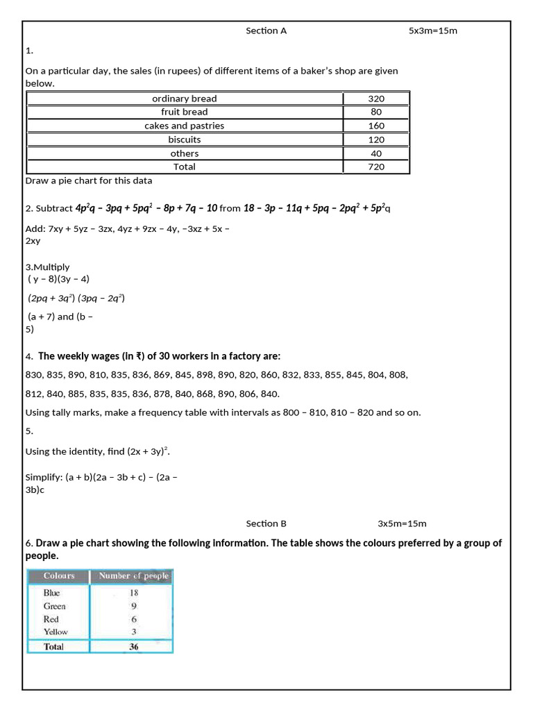Algebra, Data Handling Test | PDF
