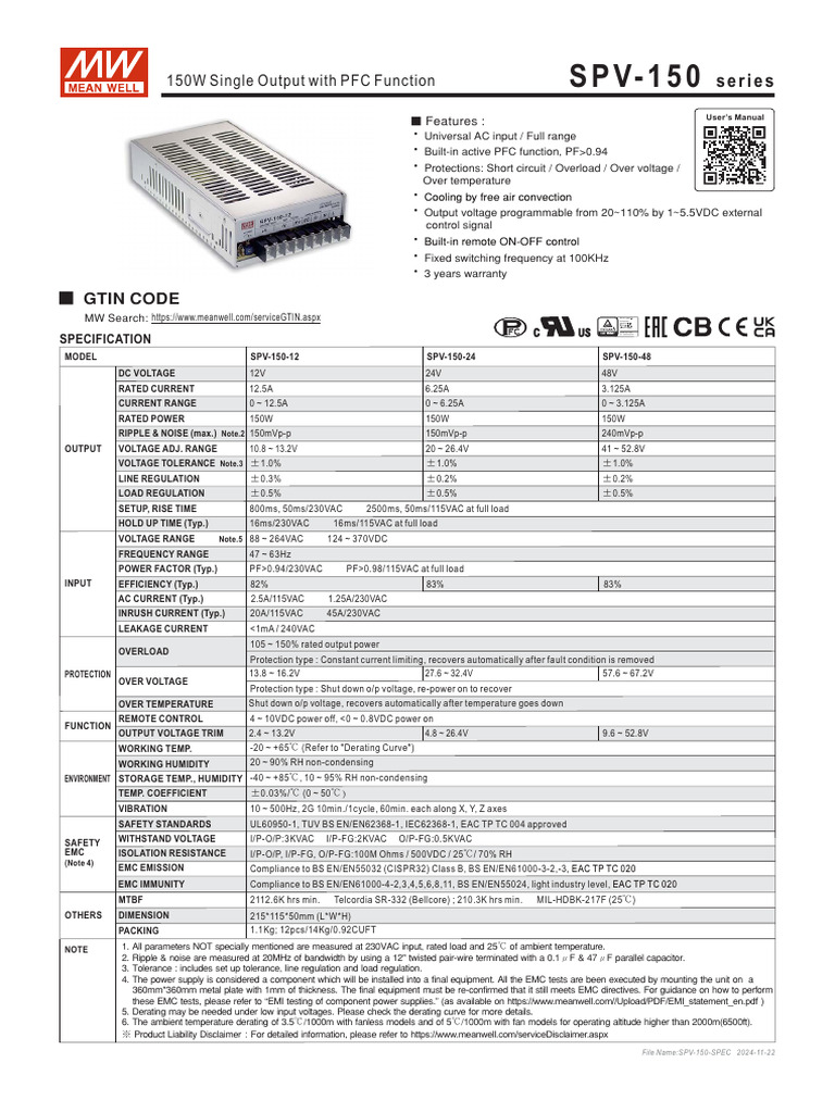 Mean Well_SPV-150-spec | PDF | Electromagnetism | Electrical Components