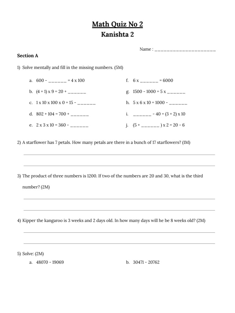 Math Quiz for Grade 2 Students | PDF