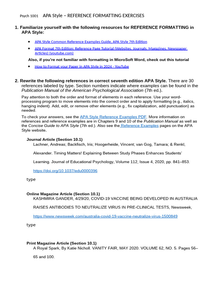 APA Style - Reference Formatting Exercises-1 | PDF | Apa Style | Psychology