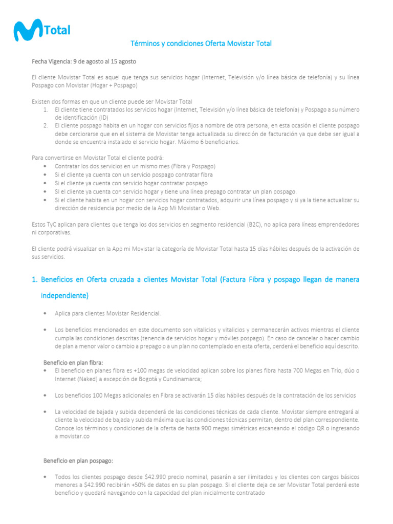 Tyc Oferta Movistar Total Fibra Pospago | PDF | Telefonía móvil | Internet