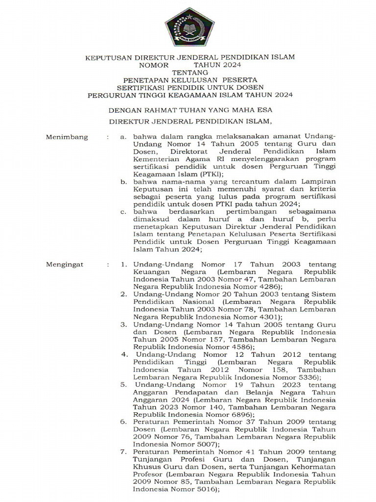 SK Penetapan Kelulusan Sertifikasi Dosen PTKI Tahun 2024 | PDF