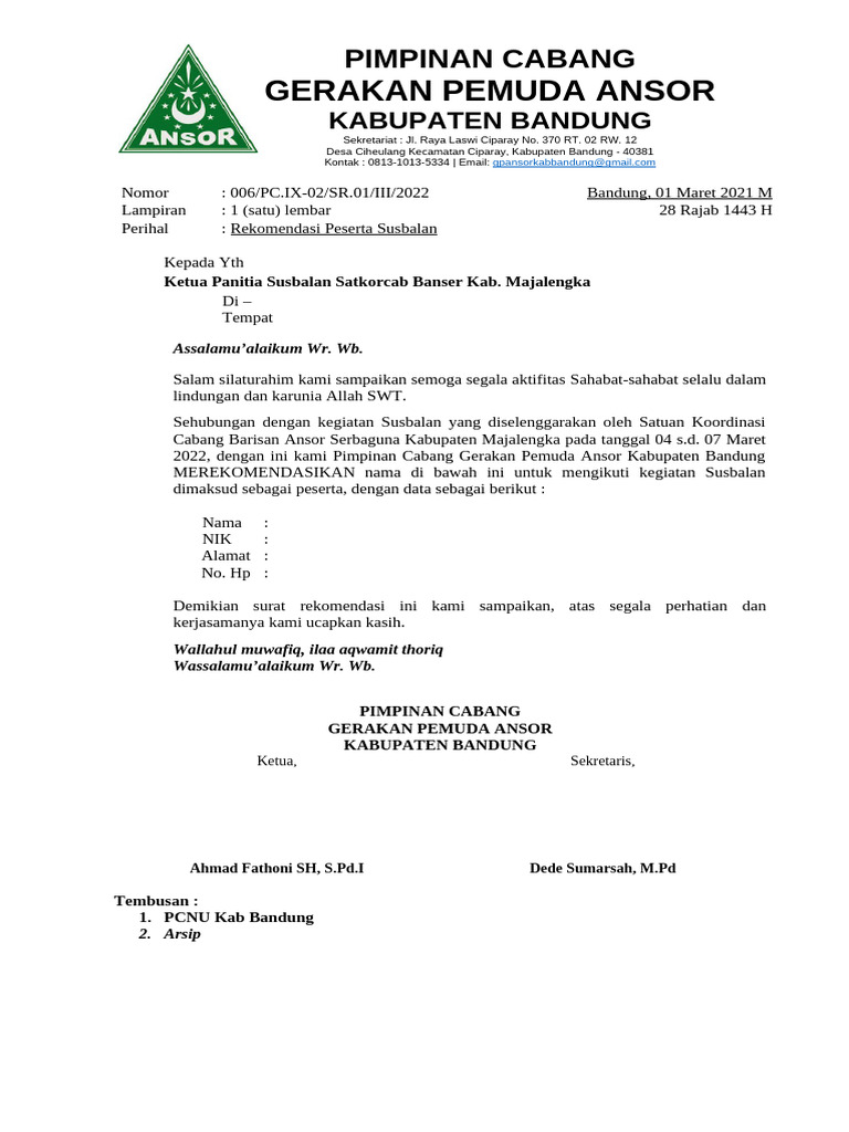 Contoh Surat Rekomendasi Susbalan | PDF