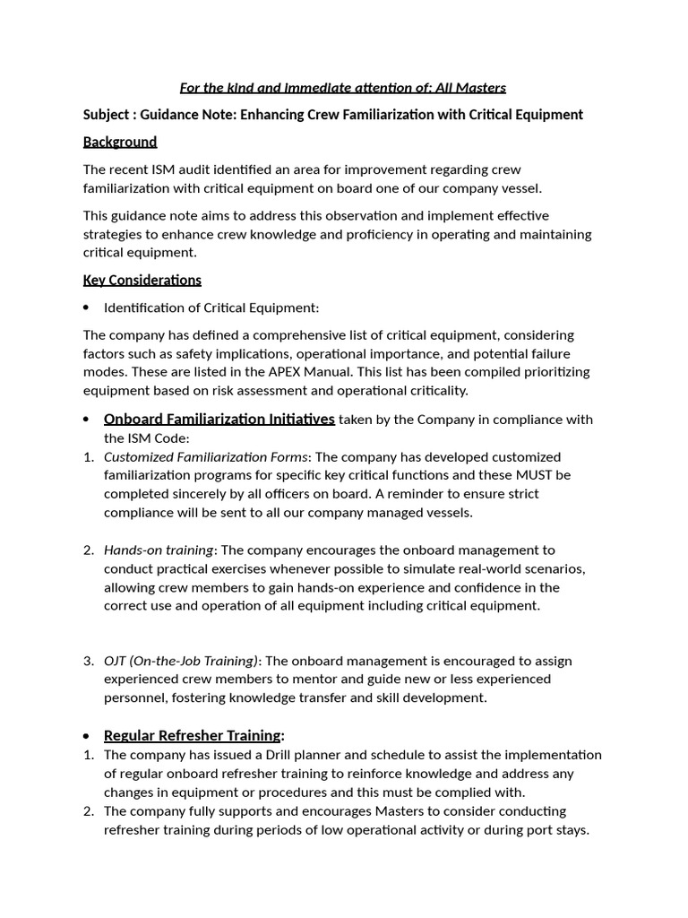 Guidance Note - Enhancing Crew Familiarization With Critical Equipment ...