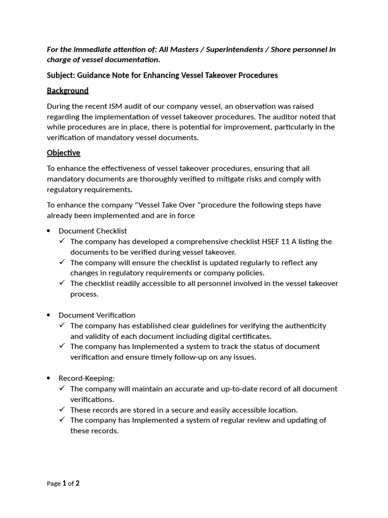 Guidance Note - Enhancing Take Over Policy Procedure | PDF