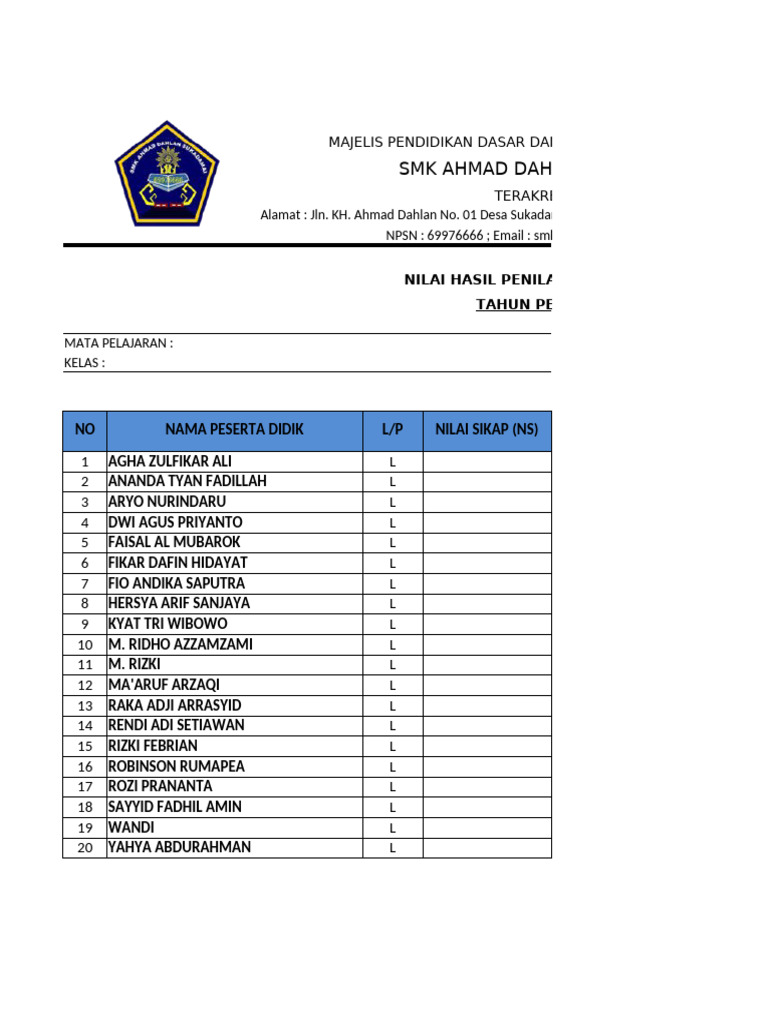 Leger Nilai Guru Mapel Pas | PDF