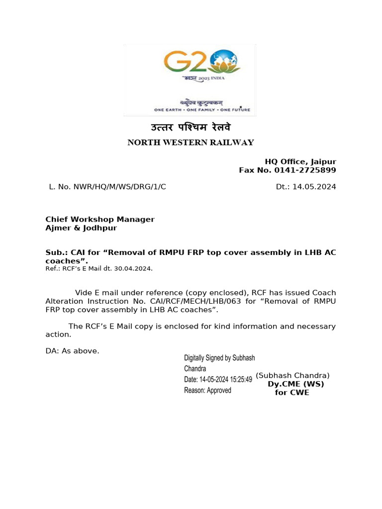 CAI For "Removal of RMPU FRP Top Cover Assembly in LHB AC Coaches ...