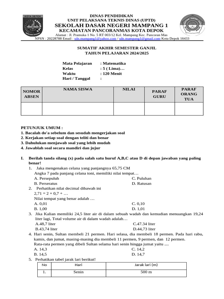 Soal SAS GANJIL MATEMATIKA KELAS 5 | PDF