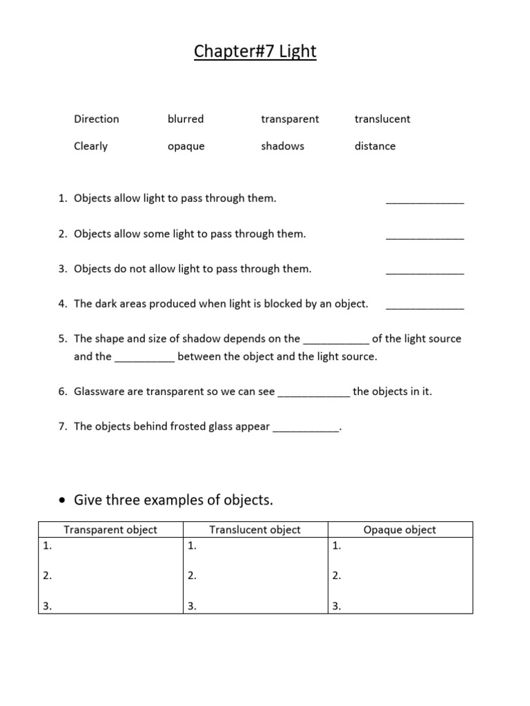Light worksheet | PDF