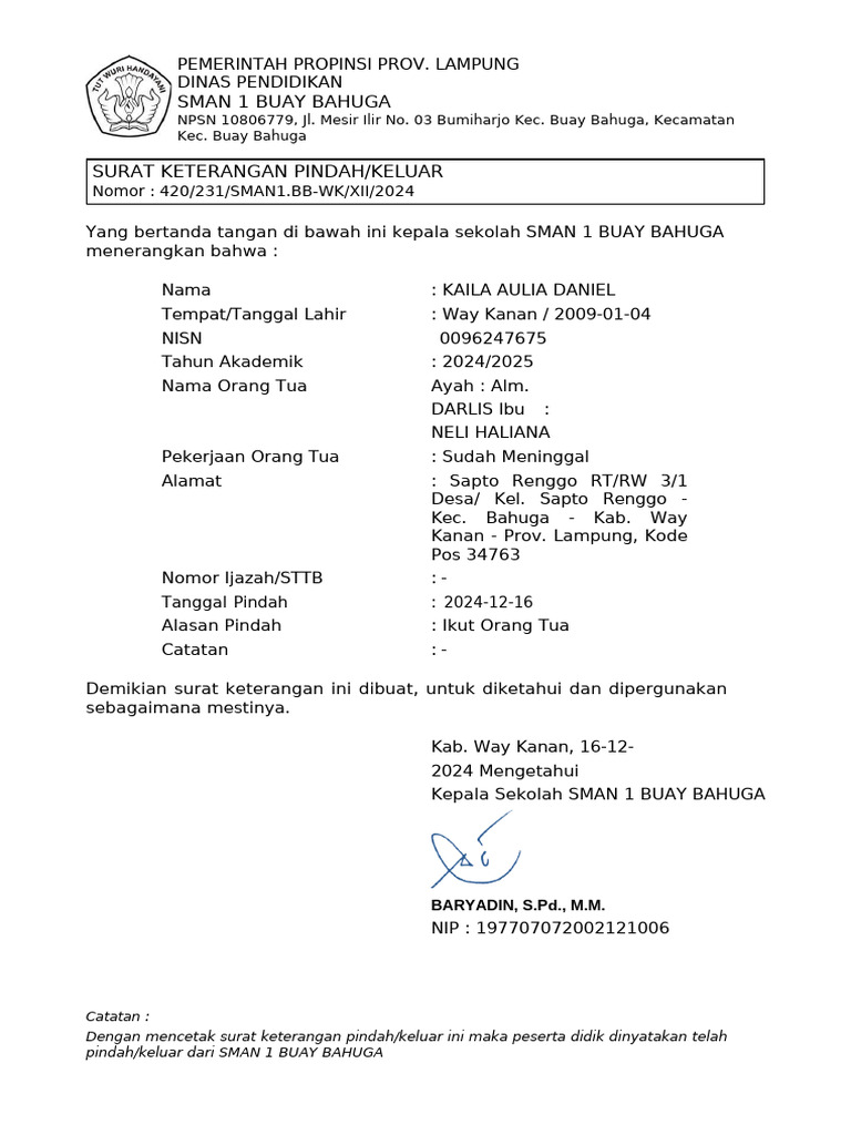 Surat Mutasi Dapodik KAILA AULIA DANIEL | PDF