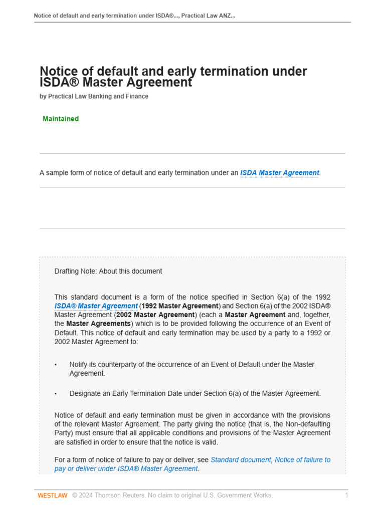 Notice of Default and Early Termination Under ISDA Master Agreement ...