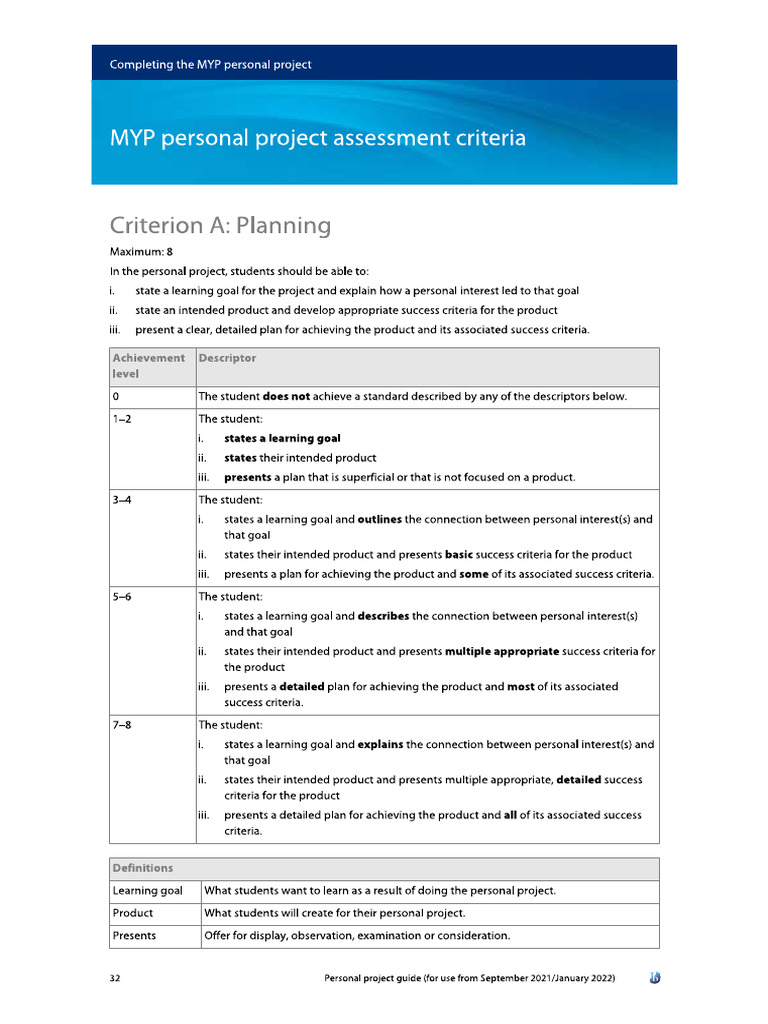 Personal Project assessment criteria | PDF