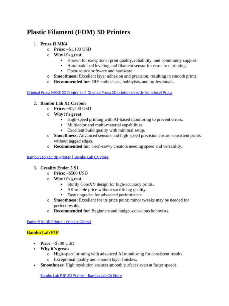 3d Printers List - Copy | PDF | 3 D Printing | Open Source
