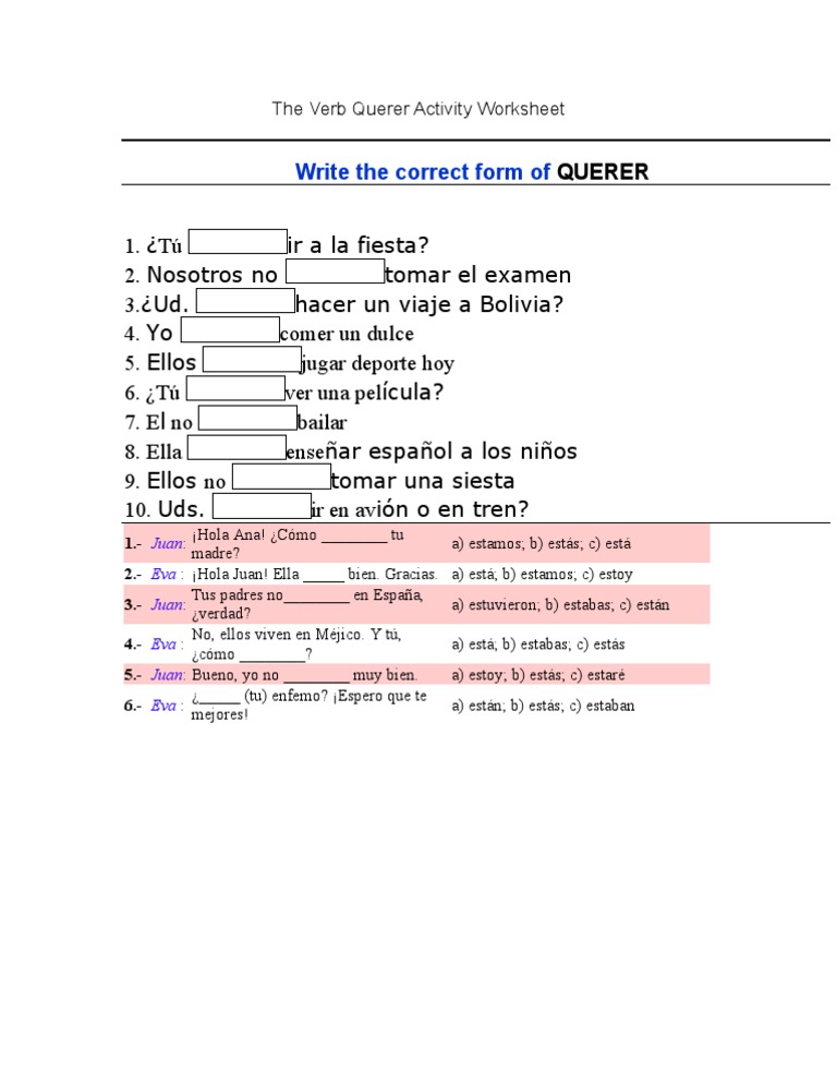 The Verb Querer Activity Worksheet | PDF