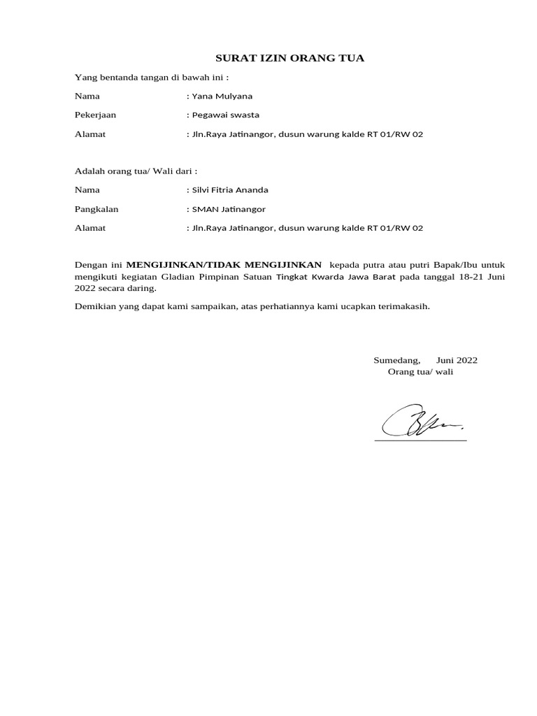 SURAT IJIN ORANG TUA GPS - Silvi Fitria Ananda | PDF