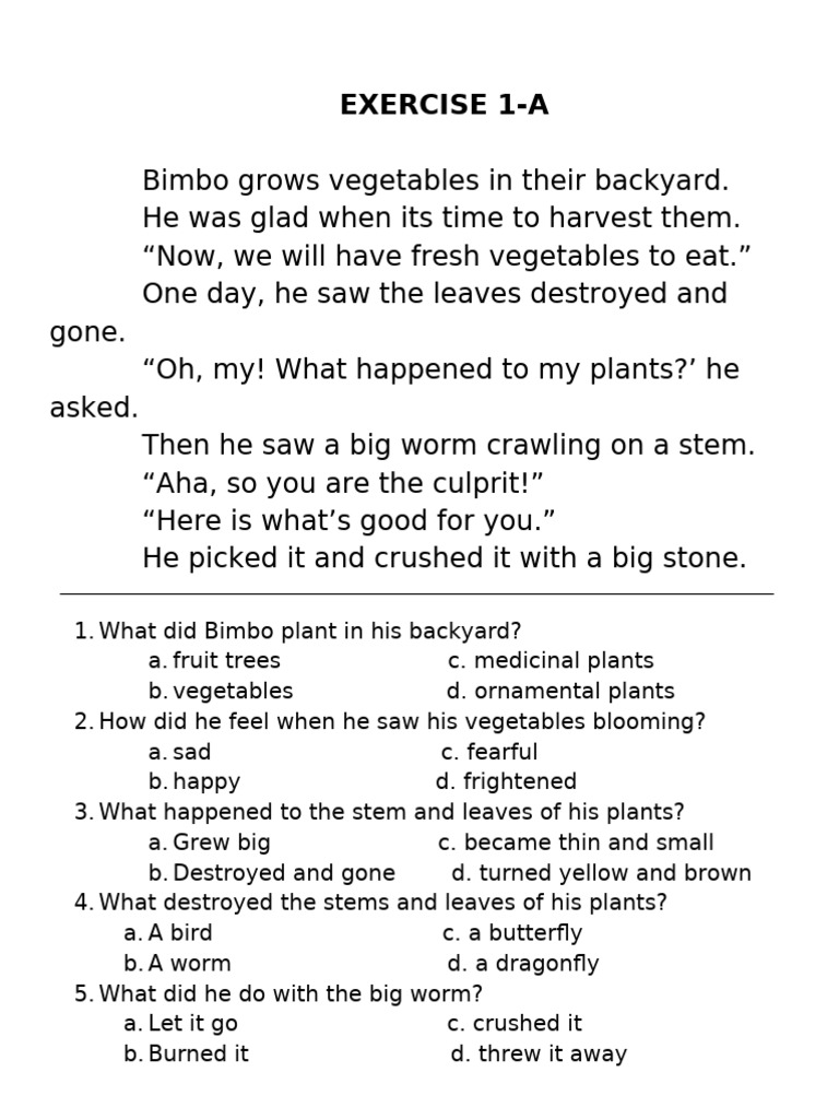 Remedial Reading Stories in English 2 (Exercise 1-20) | PDF