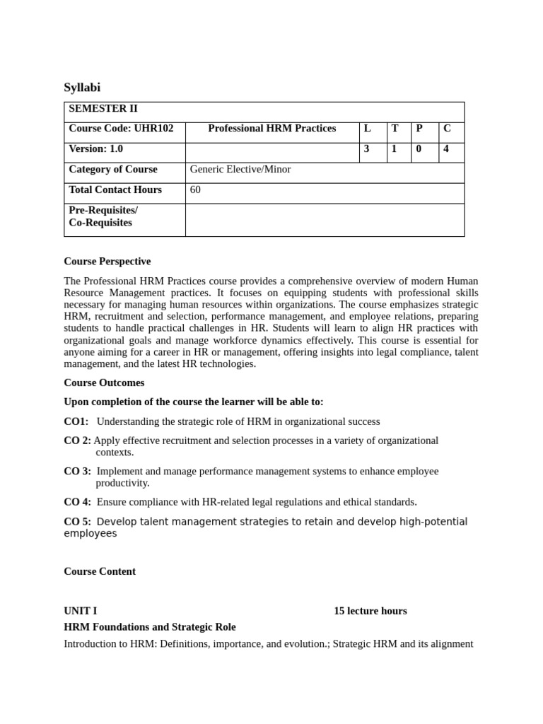 Professional HRM syllaus | PDF | Human Resource Management | Recruitment