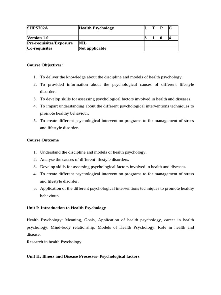 Health Psychology Course Overview | PDF | Health Psychology | Psychology