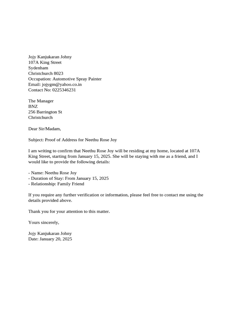 Latter Proof of Address For Neethu Rose Joy | PDF
