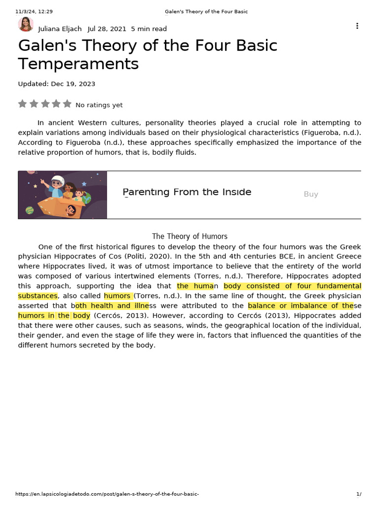Galen's Theory of The Four Basic Temperaments | PDF | Temperament ...