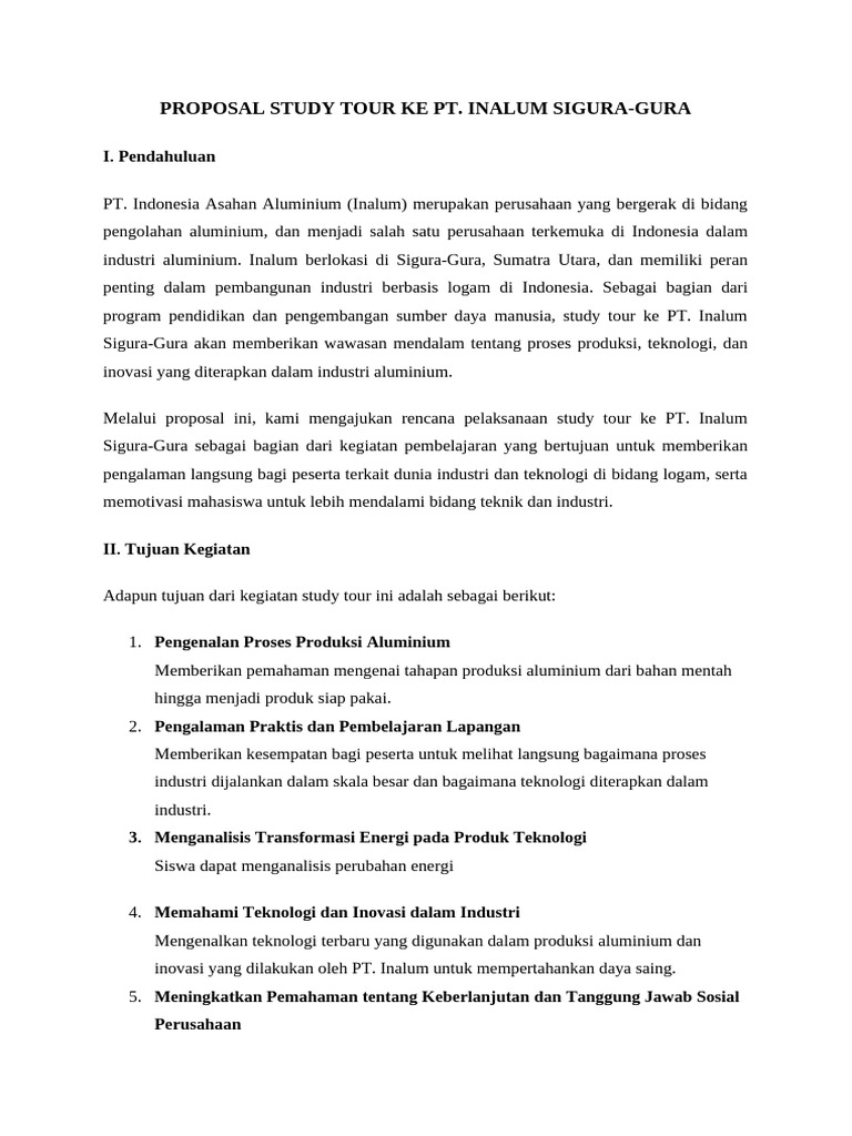 Proposal Study Tour Ke PT Inalum | PDF