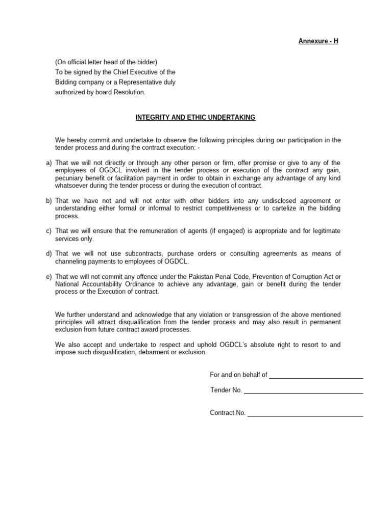 Integrity and Ethic Undertaking-Annexure-H-Single Stage Two Envelope (Foreign) | PDF