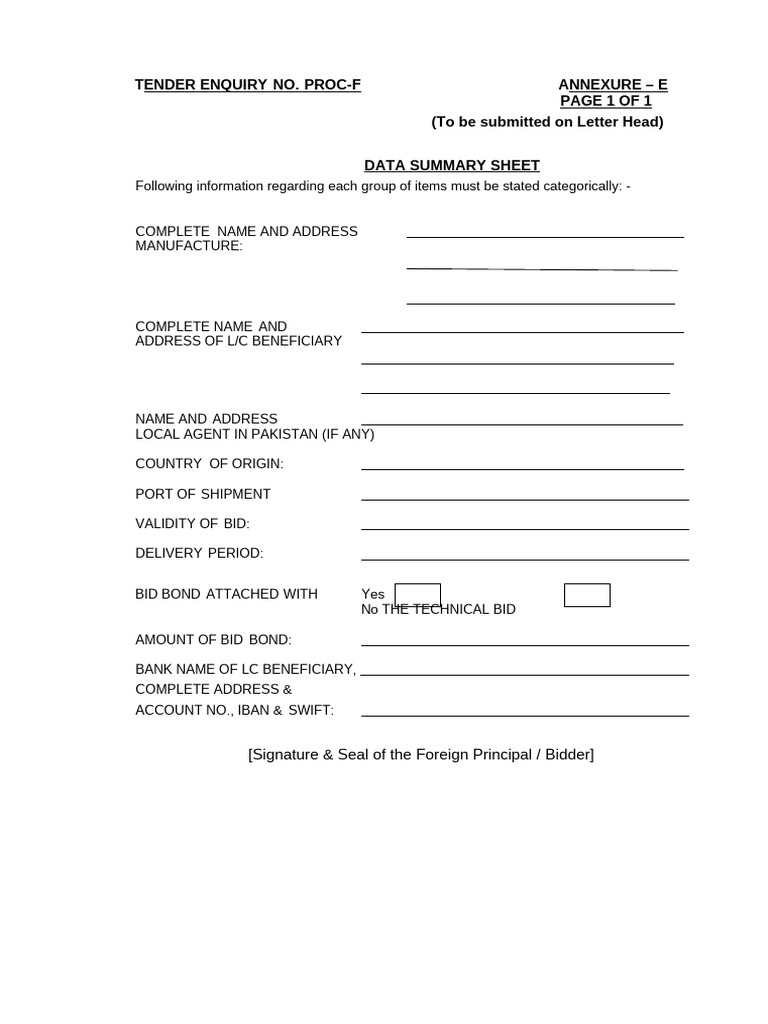 Bid Summary Sheet-Annexure-e- Single Stage Two Envelope (Foreign) | PDF