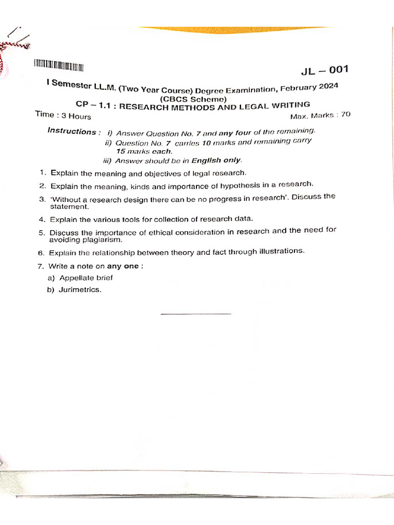 1st Sem LLM Research Methods and Legal Writing | PDF