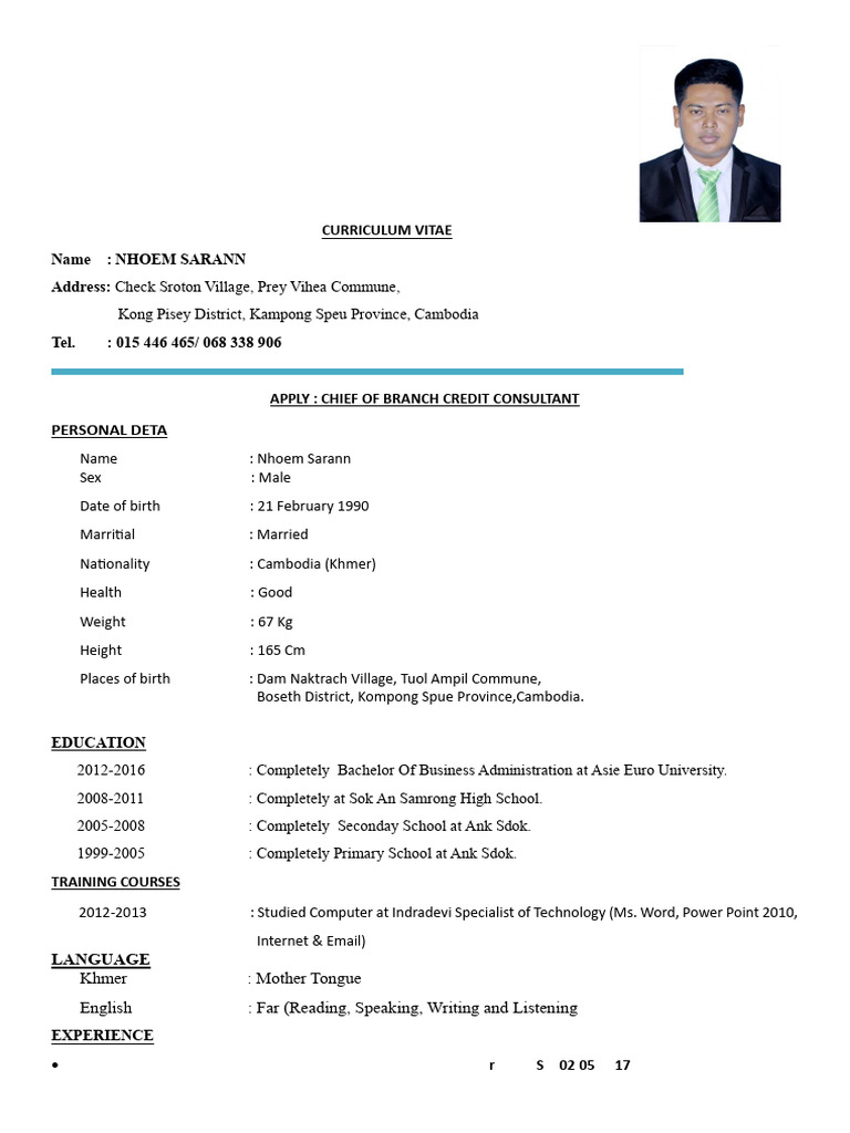Nhoem Sarann CV (Chief) | PDF