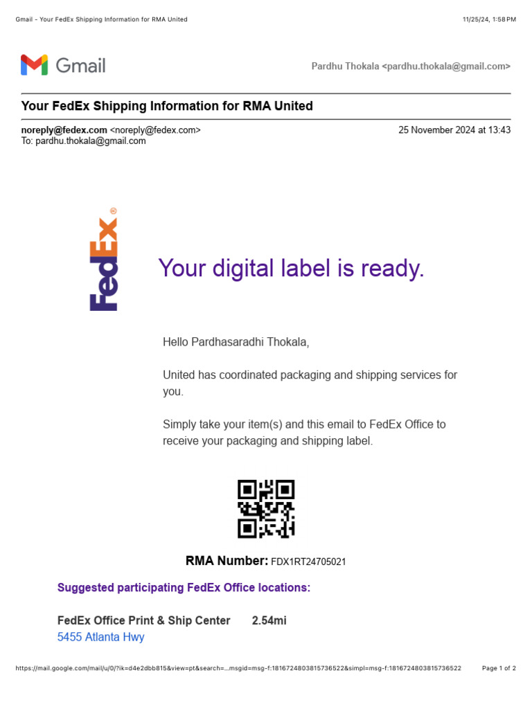 Tescra - Your FedEx Shipping Information For RMA United | PDF