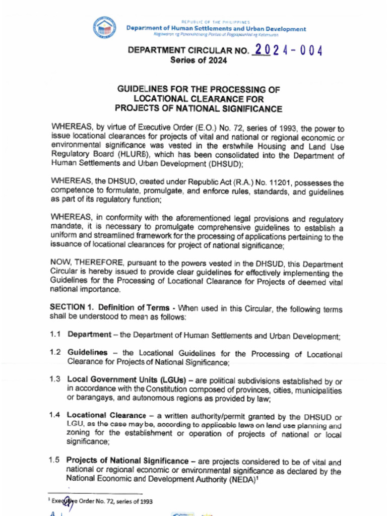 Department Circular No. 2024-004 Nationally Significant Projects | PDF