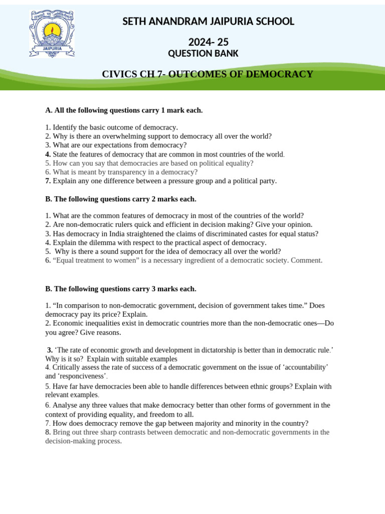 Civics Question Bank: Democracy Outcomes | PDF | Democracy | Political ...