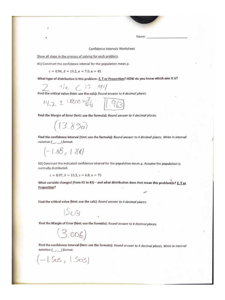 Confidence Intervals Worksheet | PDF