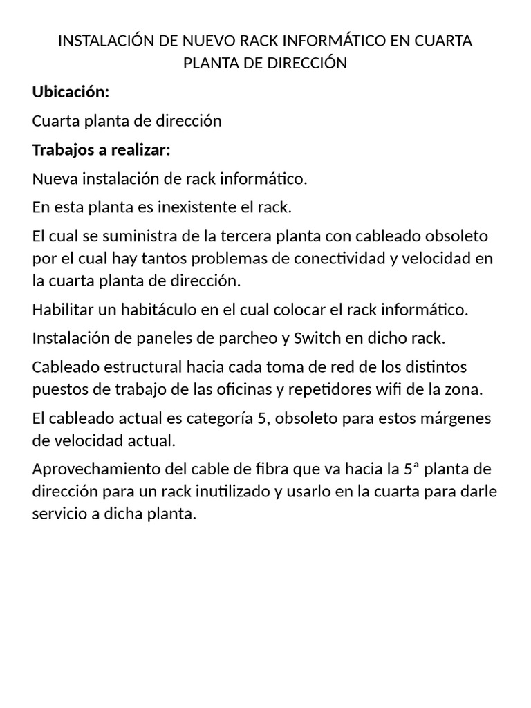 Instalación de Nuevo Rack Informático en 4 Planta de Dirección | PDF