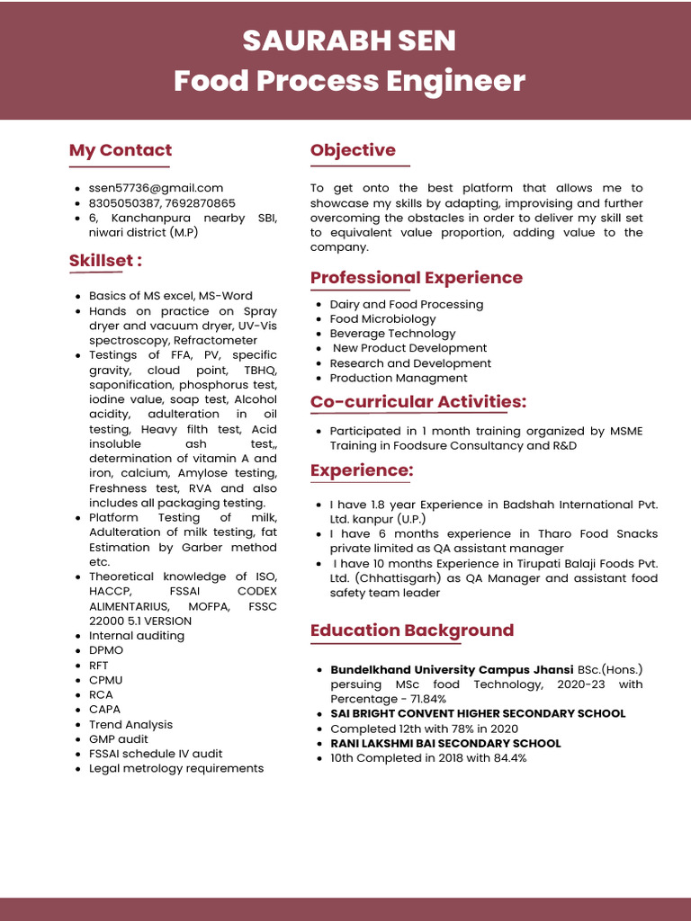 Food Process Engineer Resume SEO | PDF | Chemistry