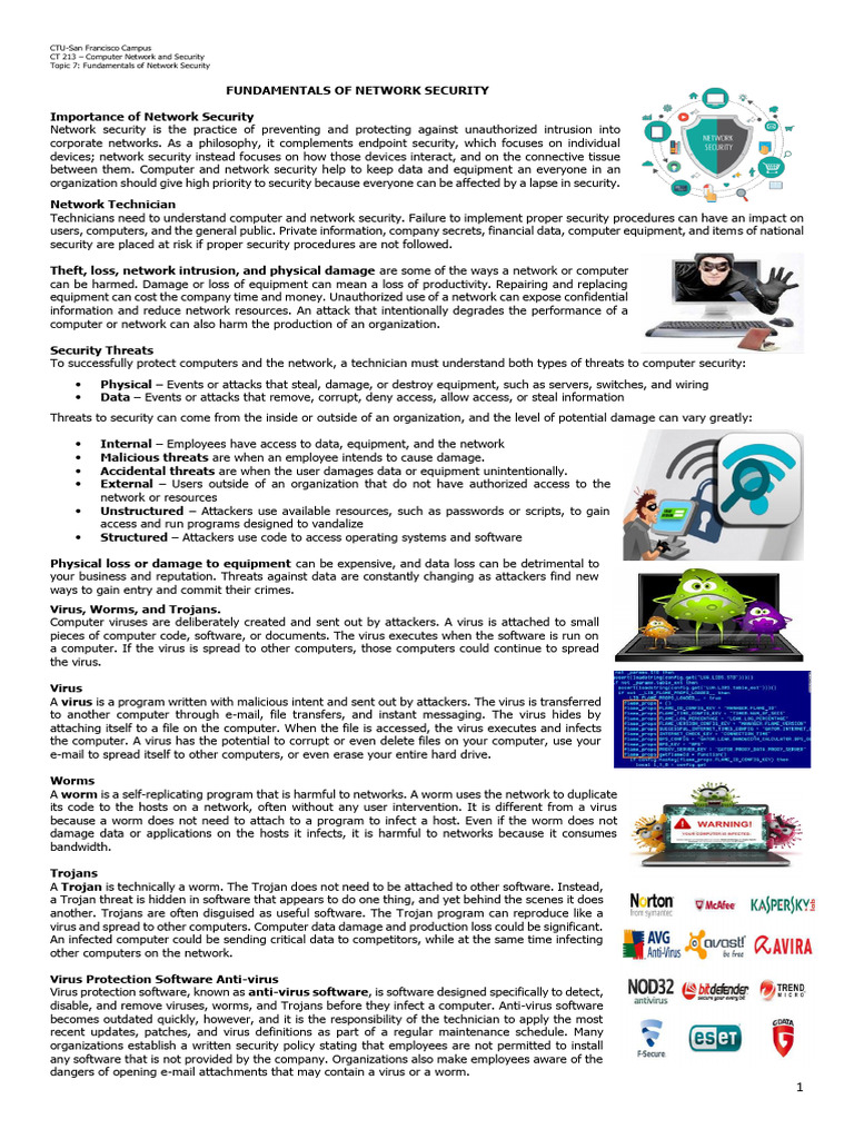 CompTech 213 Topic No. 7 Fundamentals of Network Security | PDF | Malware | Computer Virus