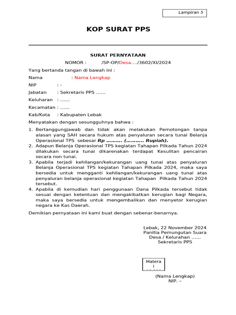 3-SURAT PERNYATAAN PPS Dan KPPS TUNAI | PDF