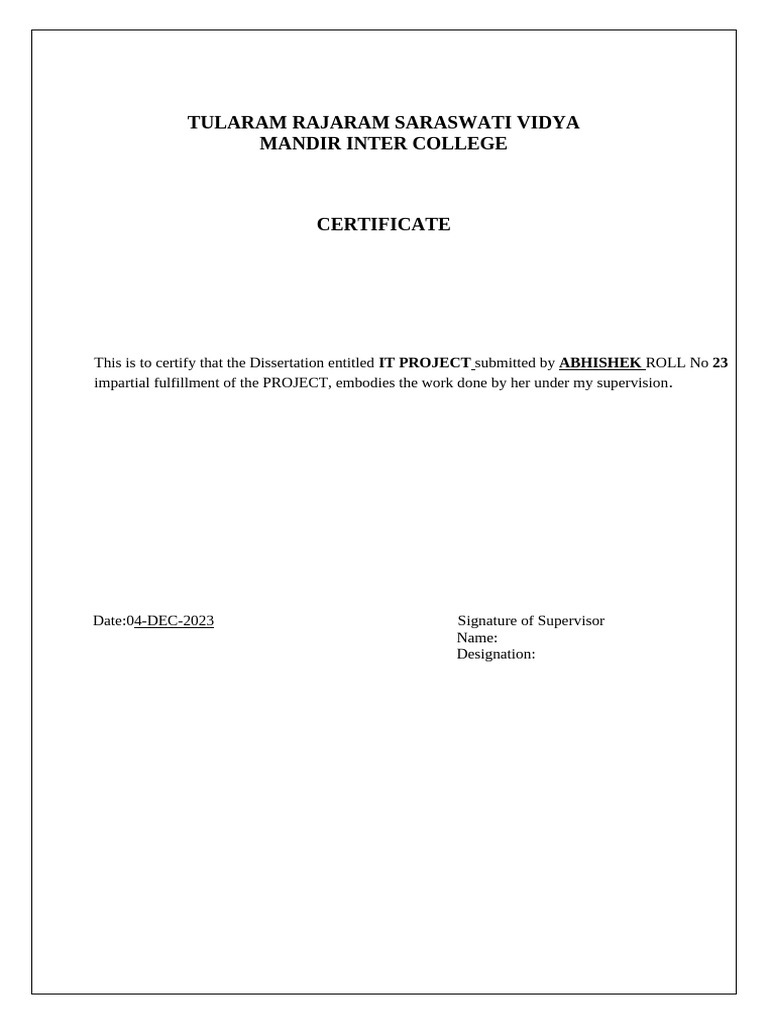 IT Project Dissertation Certificate | PDF