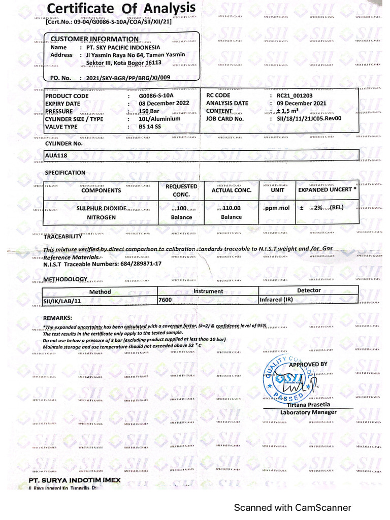 Sii Gas STD So2 100ppm | PDF