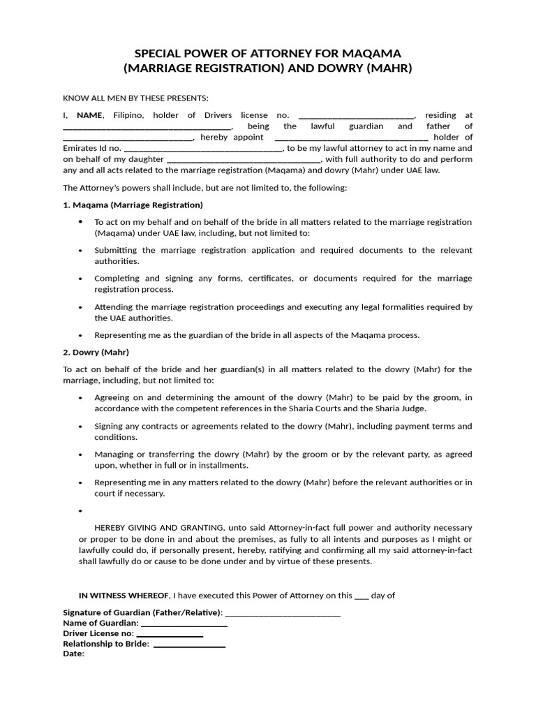 Power of Attorney For Maqama | PDF | Marriage | Common Law