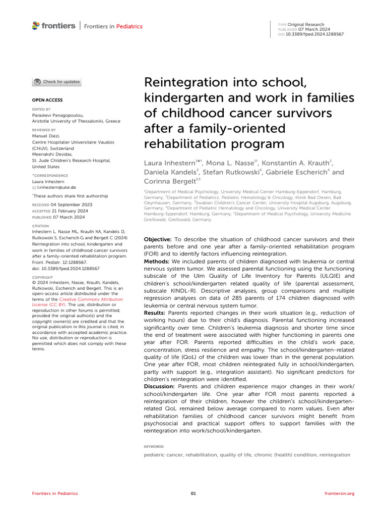 Reintegration Into School, Kindergarten and Work in Families of ...